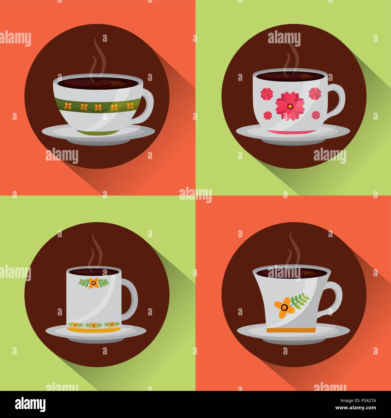 coffee time set of cups delicate flower ornament vector illustration ...