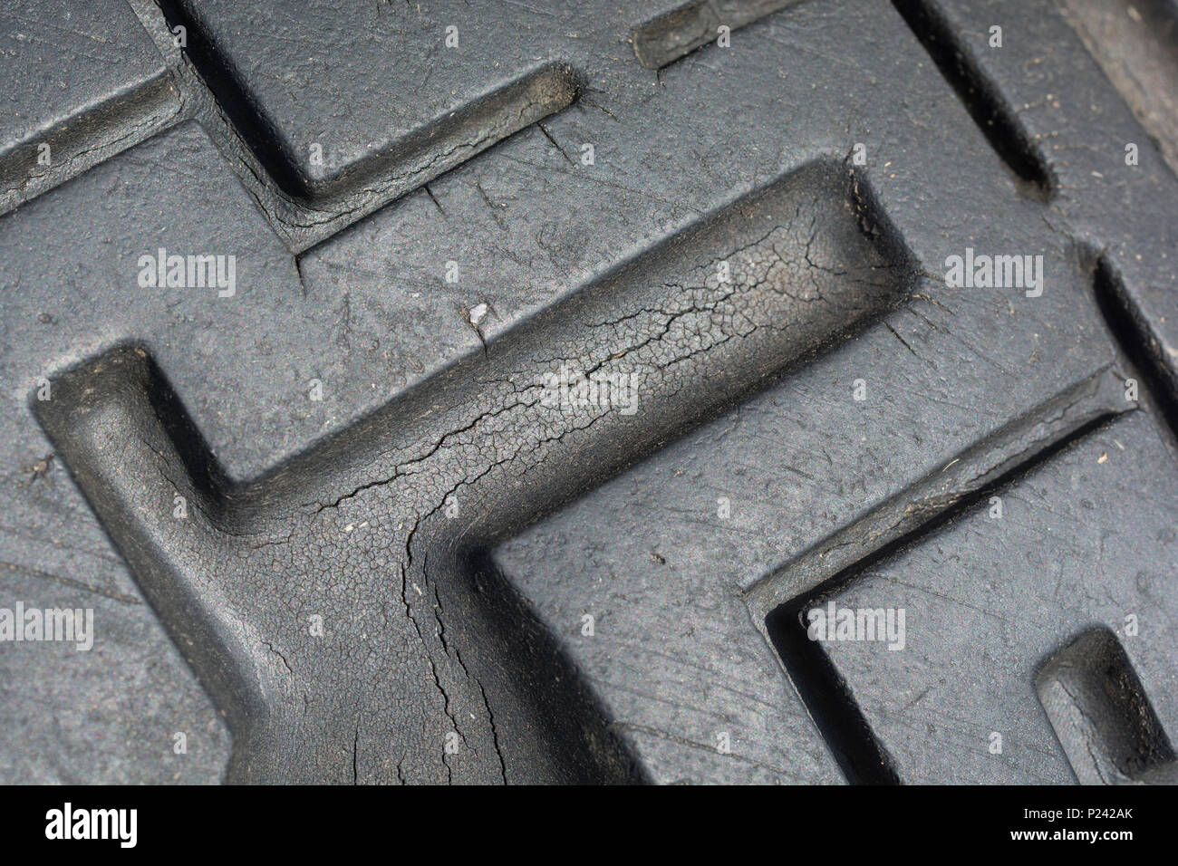 Cracked tractor tyre groove close-up - 'In a Rut' concept perhaps Stock ...