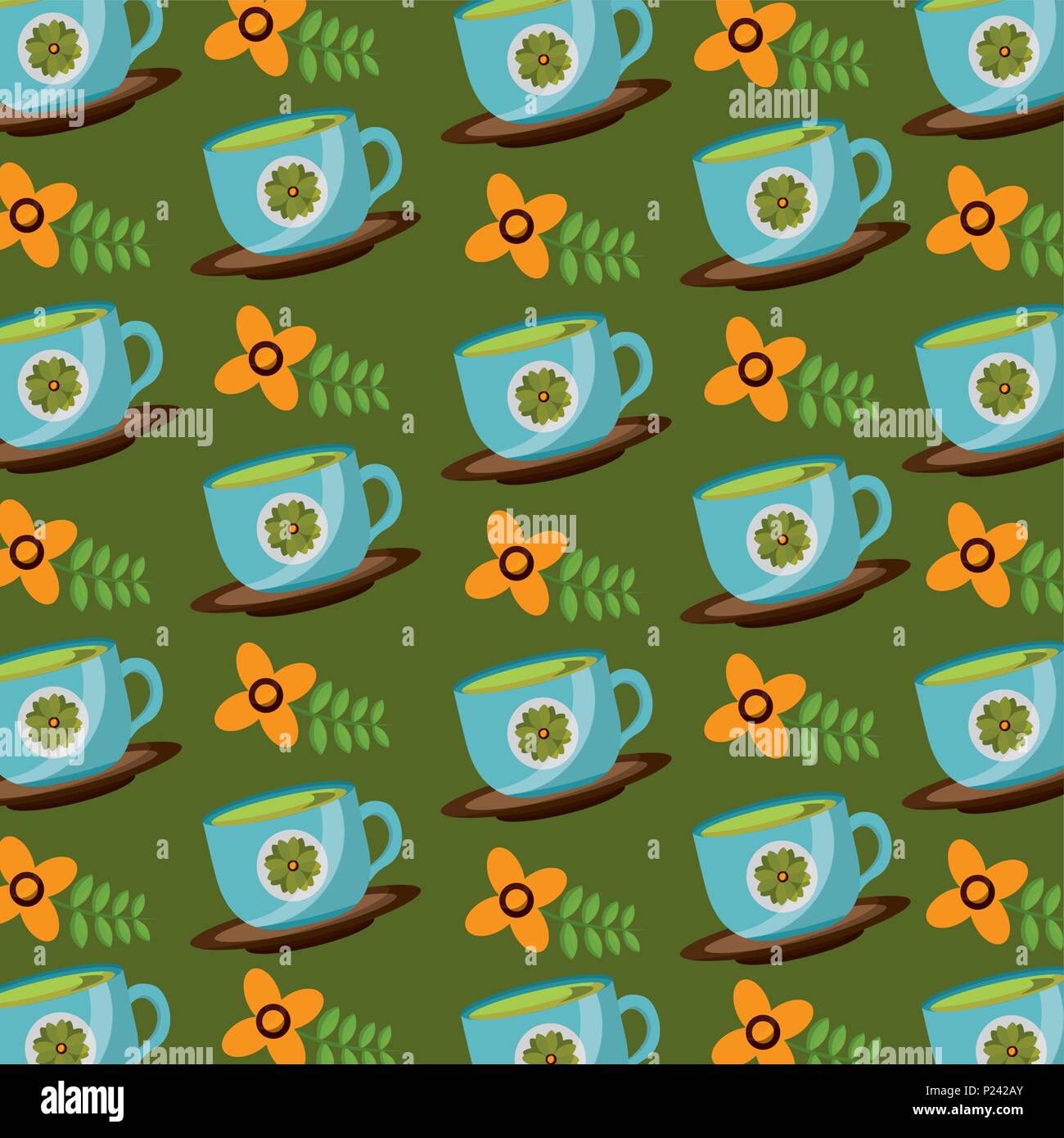 decorative flower in cups tea time pattern vector illustration Stock ...