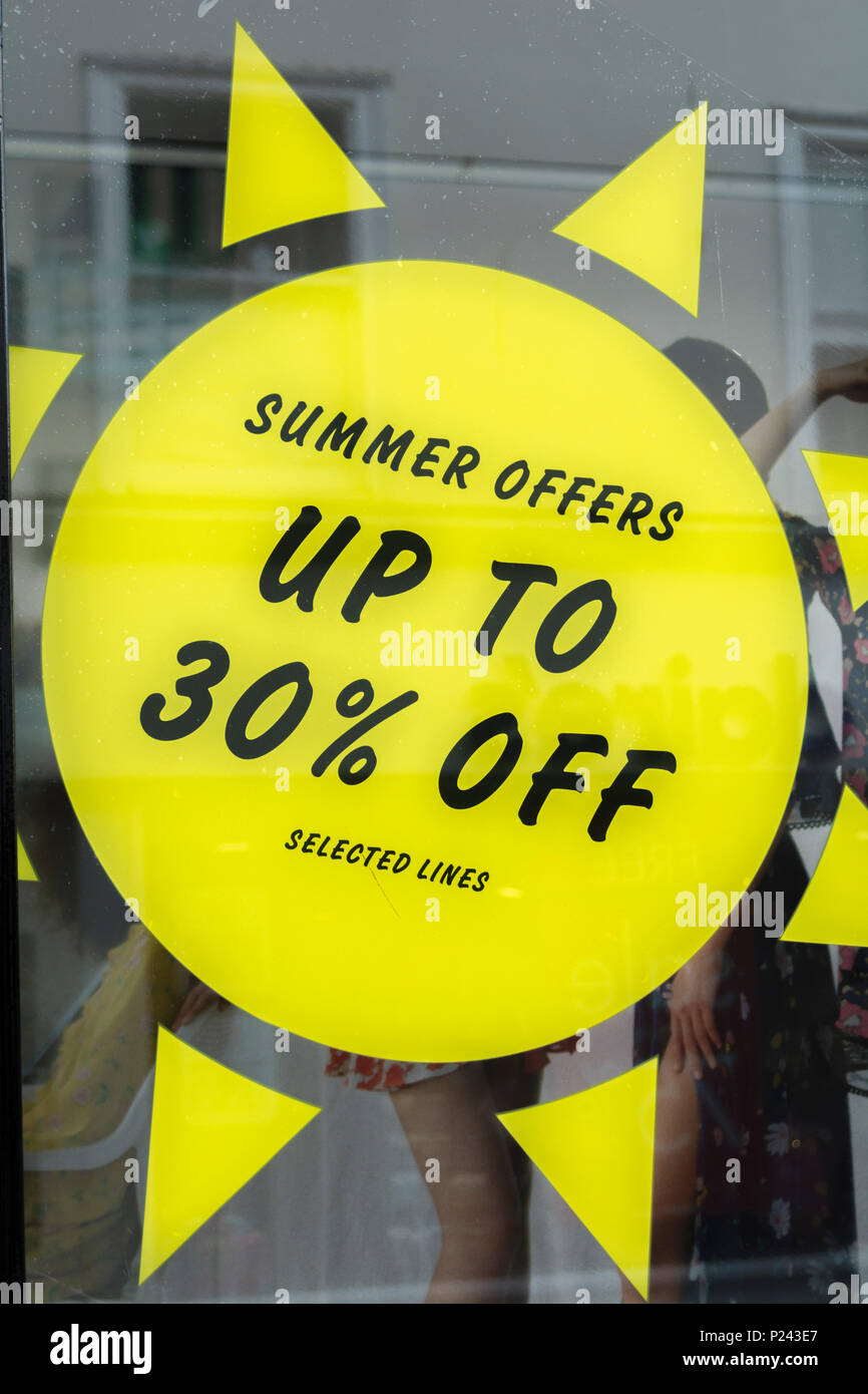 Summer sales sign in Truro (Cornwall) shop window. Metaphor high street ...