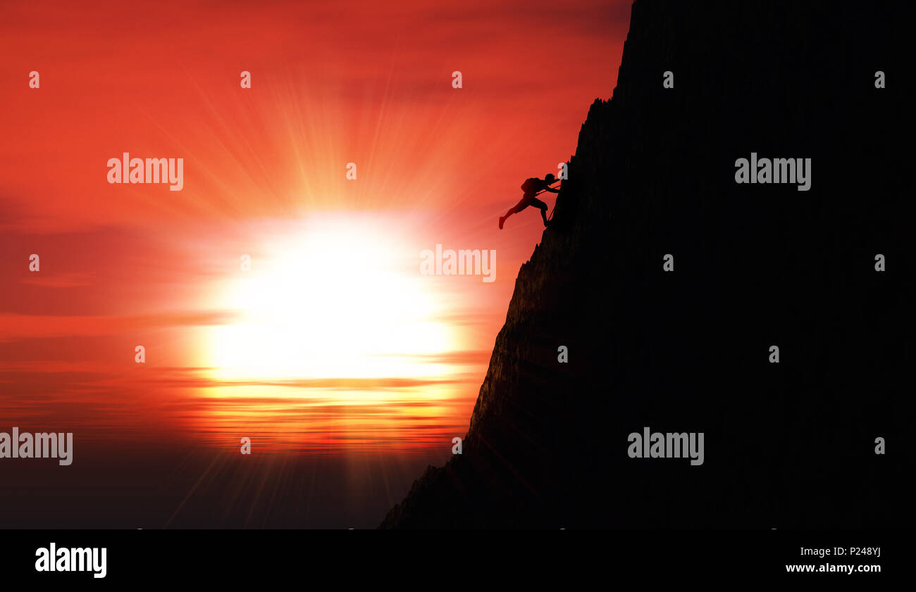 3D render of an extreme rock climber against a sunset sky Stock Photo ...