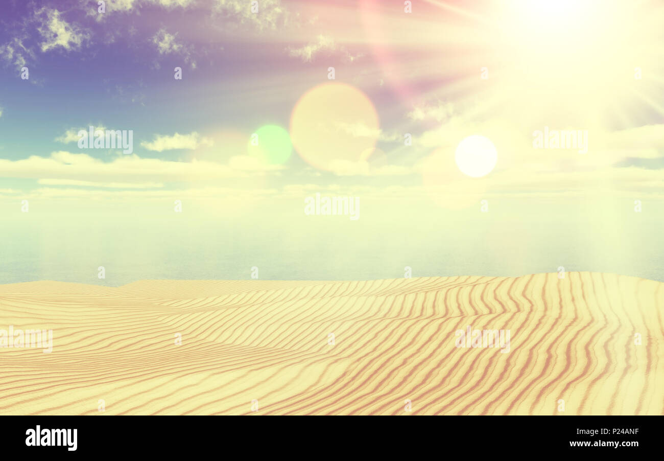 3D render of a sandy beach and ocean landscape with a vintage effect ...