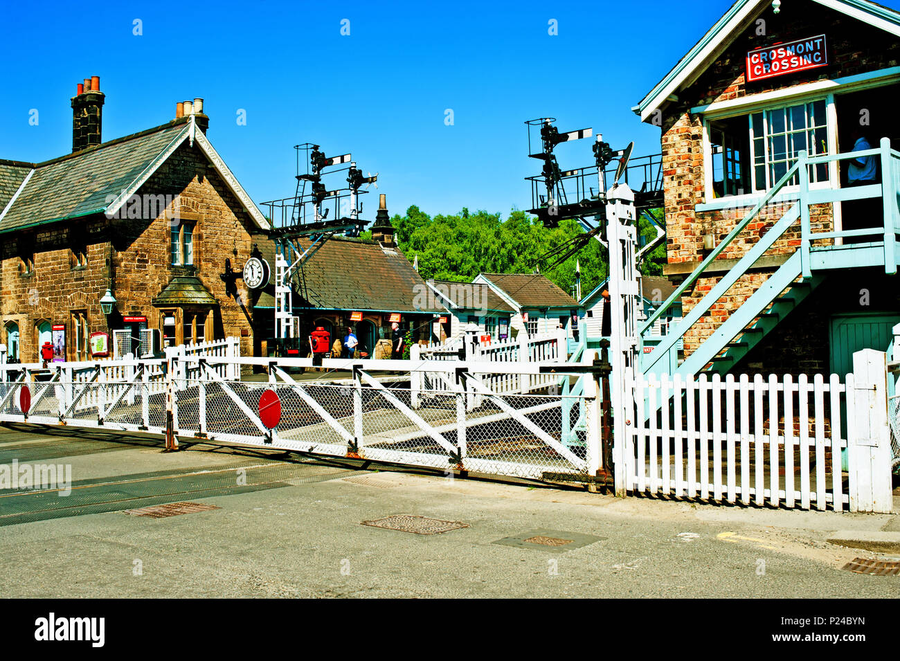 Level crossing at Grosmont station on North Yorkshire moors Railway ...