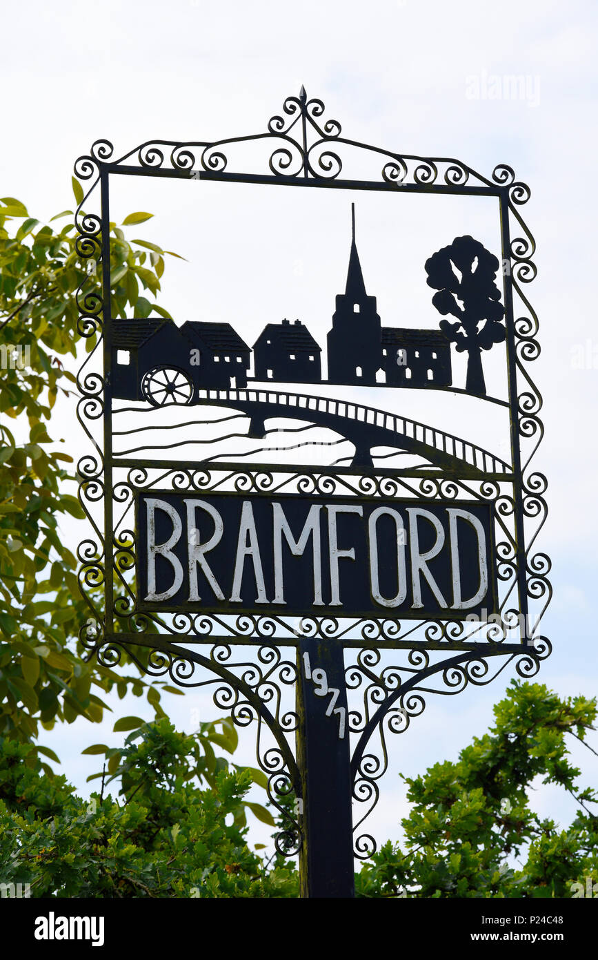 Bramford village sign, Suffolk, UK. Wrought iron profile shapes of ...
