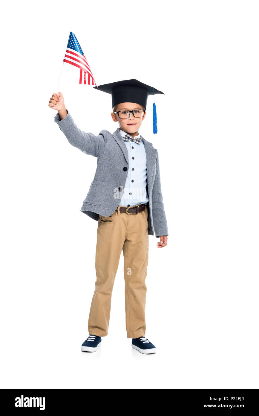 schoolboy with usa flag and graduation hat isolated on white Stock ...