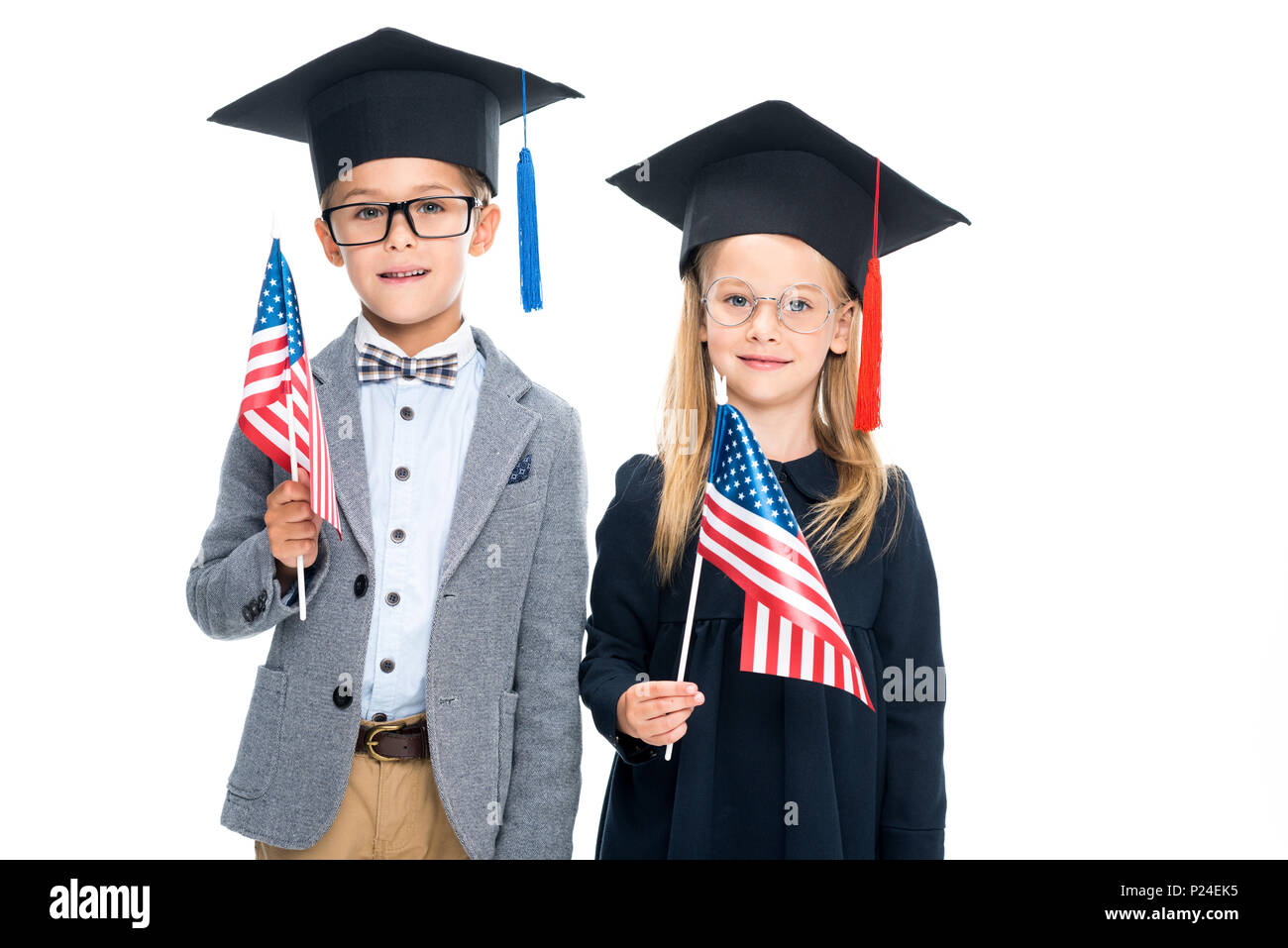 pupils in graduation hats with usa flags isolated on white Stock Photo ...