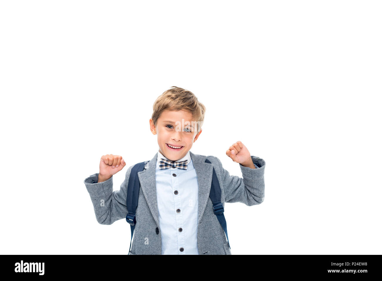 happy schoolboy celebrating victory isolated on white Stock Photo - Alamy