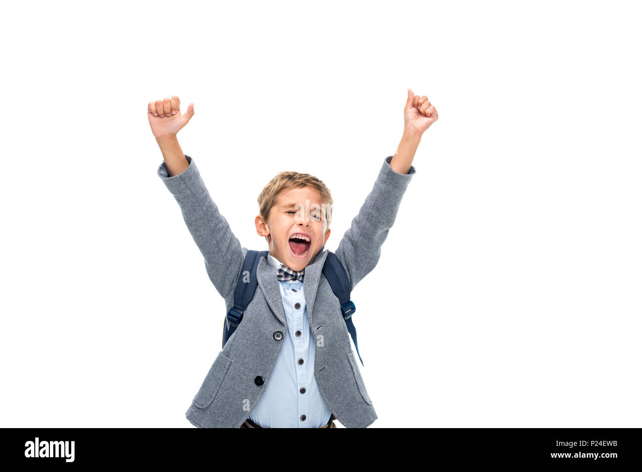 happy schoolboy celebrating victory isolated on white Stock Photo - Alamy
