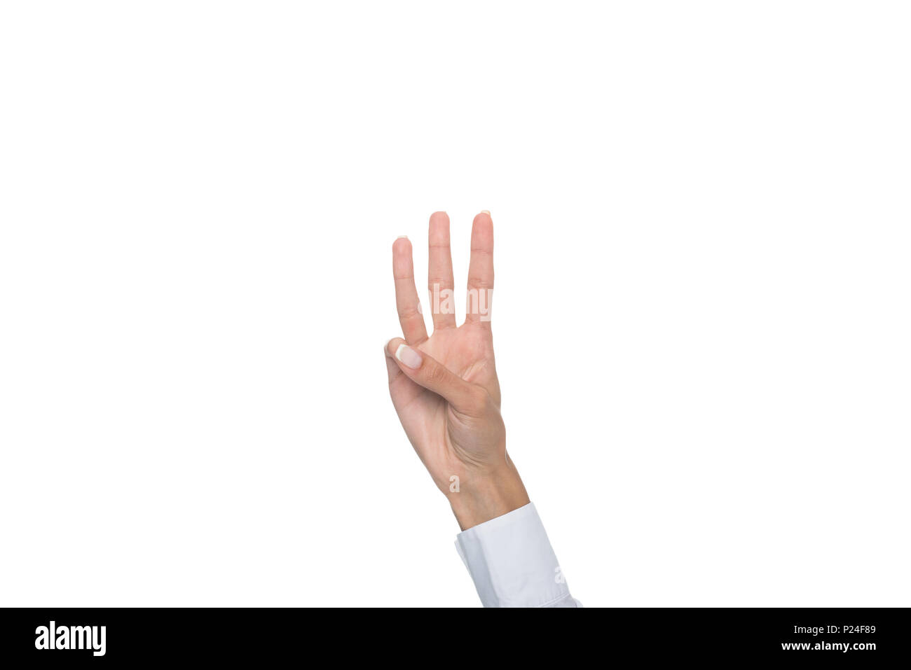 cropped view of person gesturing signed language or showing three sign ...