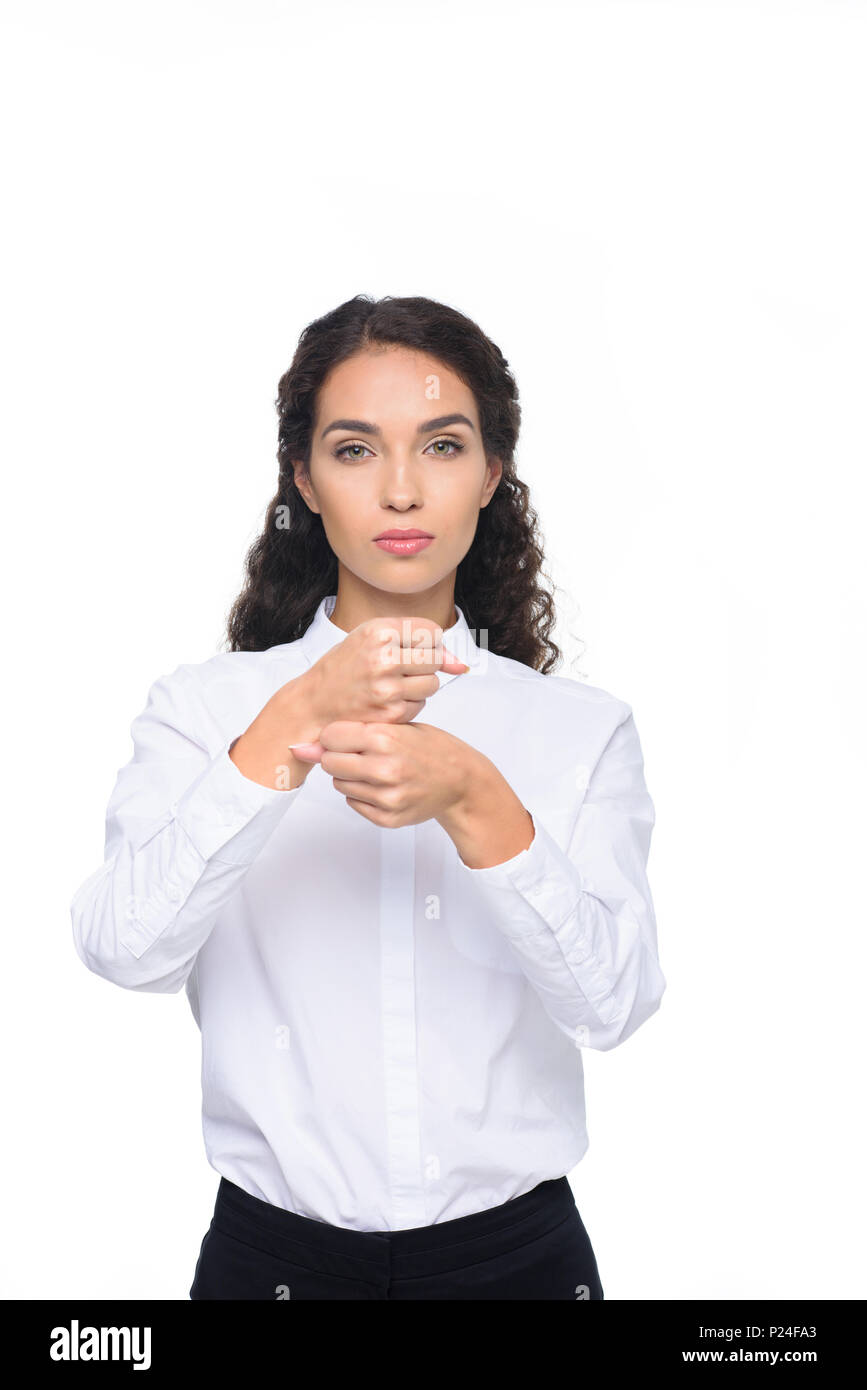 beautiful woman gesturing signed language, isolated on white Stock ...