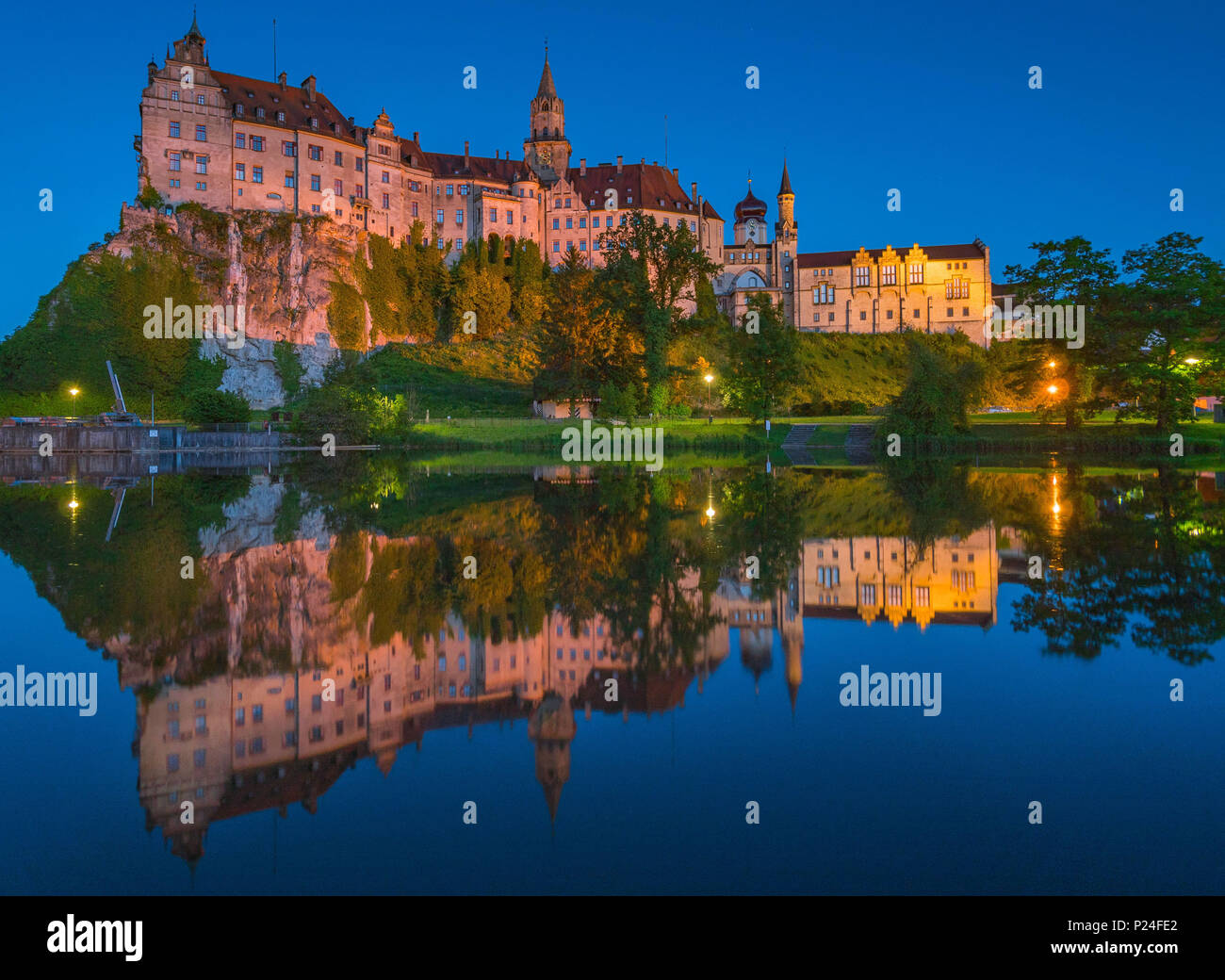 Danube River with Sigmaringen Castle in the evening, castle of the ...