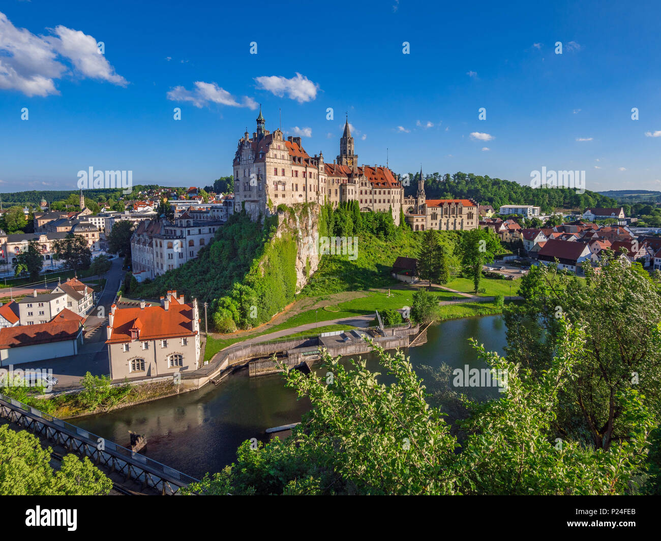 Danube River with Sigmaringen Castle, castle of the Hohenzollern family ...