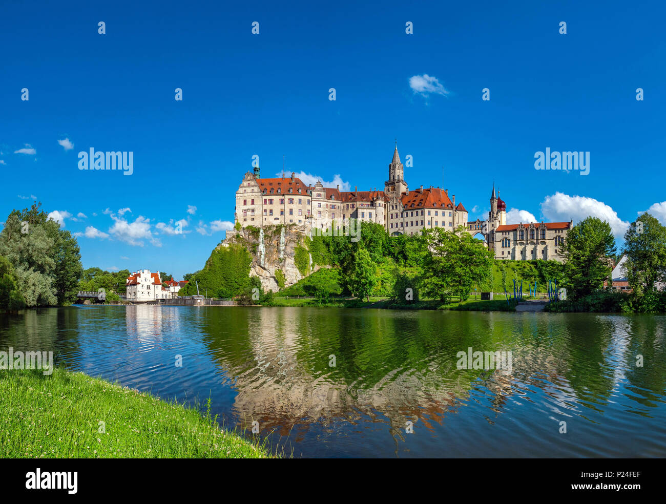 Danube River with Sigmaringen Castle, castle of the Hohenzollern family ...