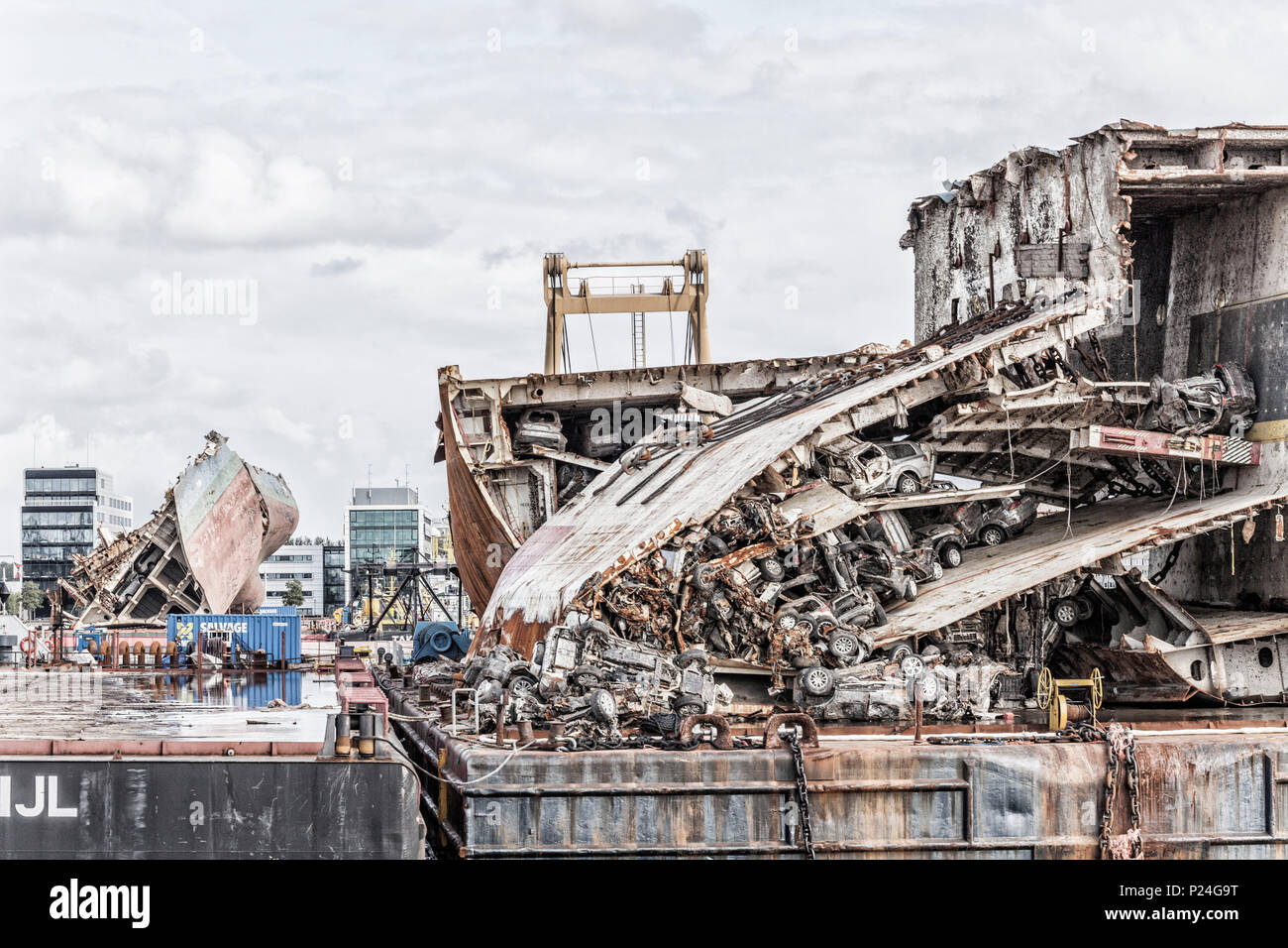 Ship wreck with rusted cars in the harbour of Rotterdam Stock Photo - Alamy