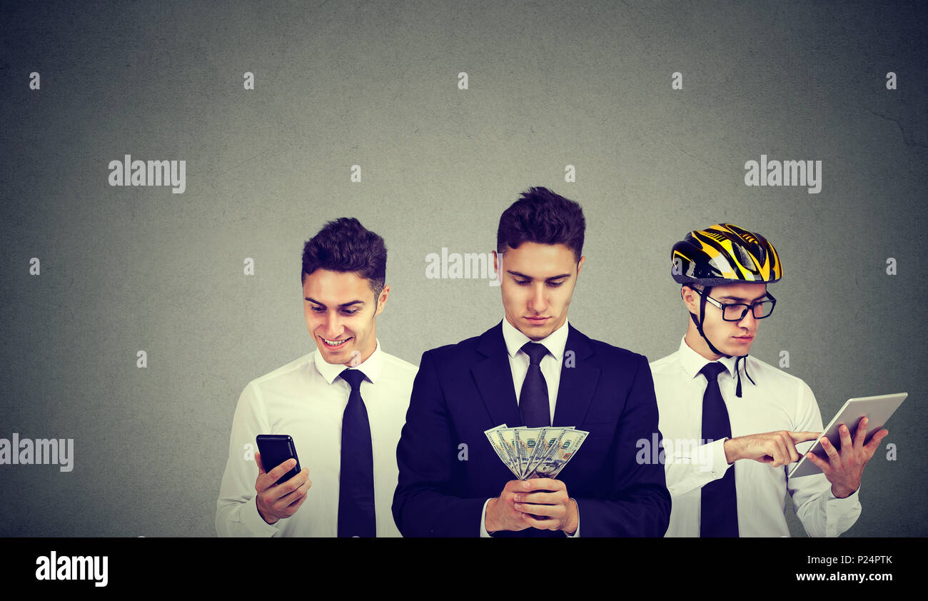 Business man multitasking using mobile phone tablet computer counting ...