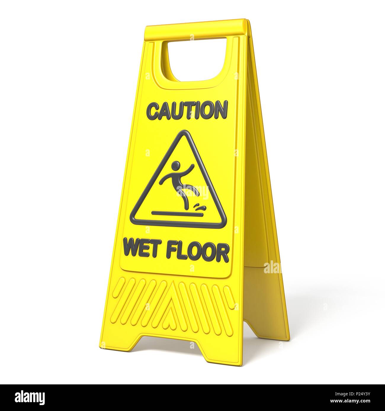 Yellow caution slippery wet floor sign 3D rendering illustration ...