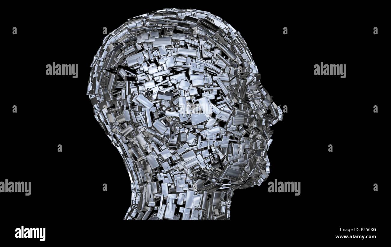 Face made of shiny rectangular boxes.Side View black background. 3d ...