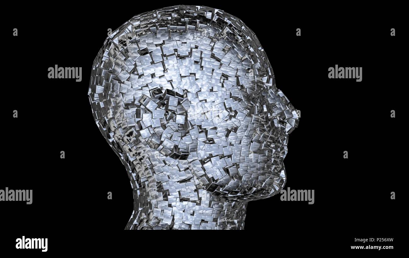 Face made of shiny metal cubes.Side View black background. High density ...