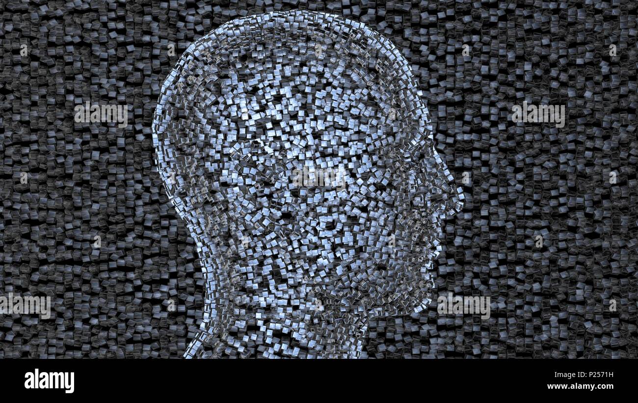 Face made of shiny metal cubes.Side View, cubic background. 3d render ...
