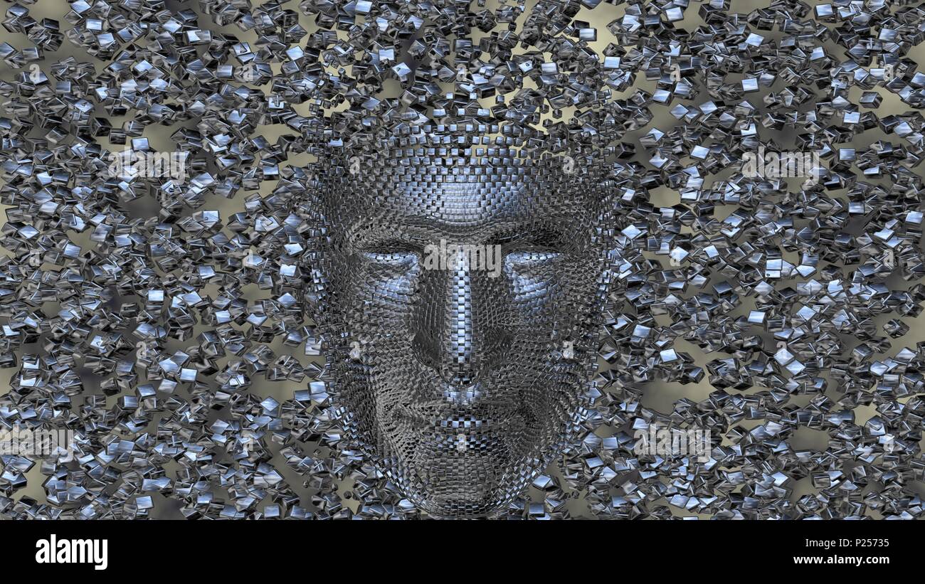 Face made of shiny metal cubes. Some floating cubes and clouds behind ...