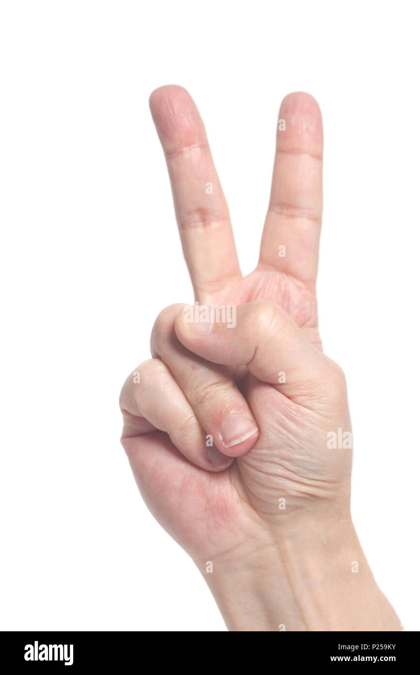 Man hand showing victory sign gesture isolated on white background ...