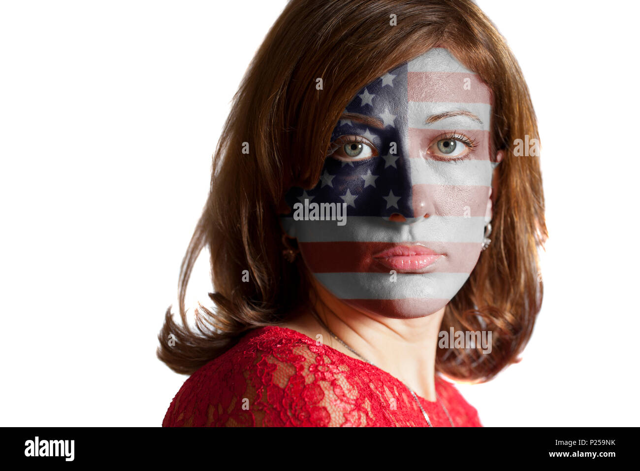 Woman face with painted USA flag isolated on a white background Stock ...