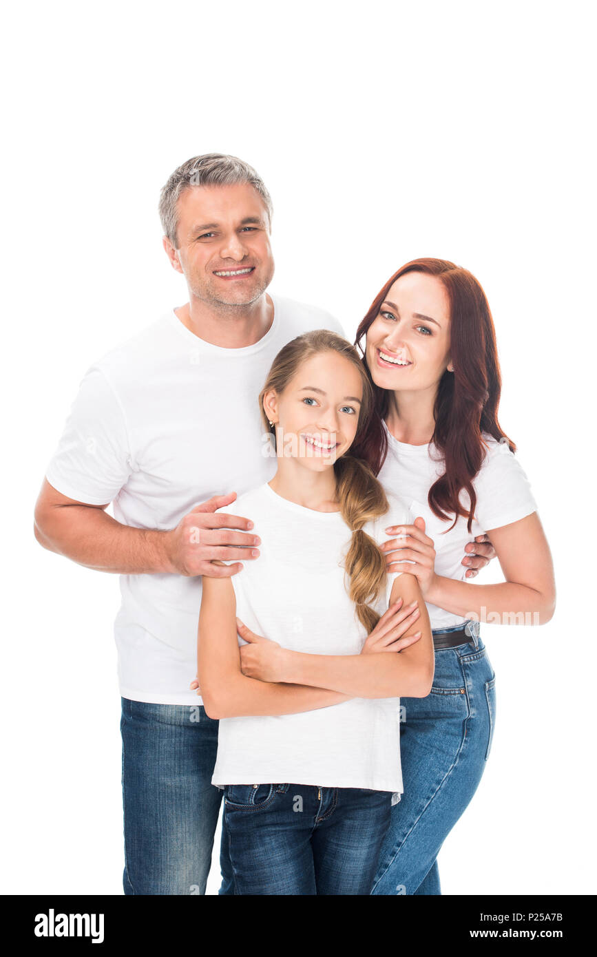 smiling family hugging together, isolated on white Stock Photo - Alamy