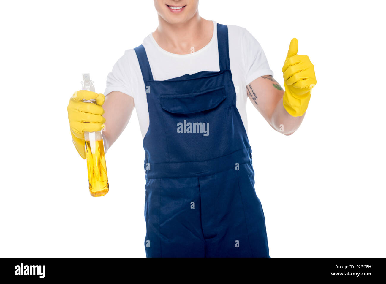 cropped shot of cleaner with detergent showing thumb up isolated on ...