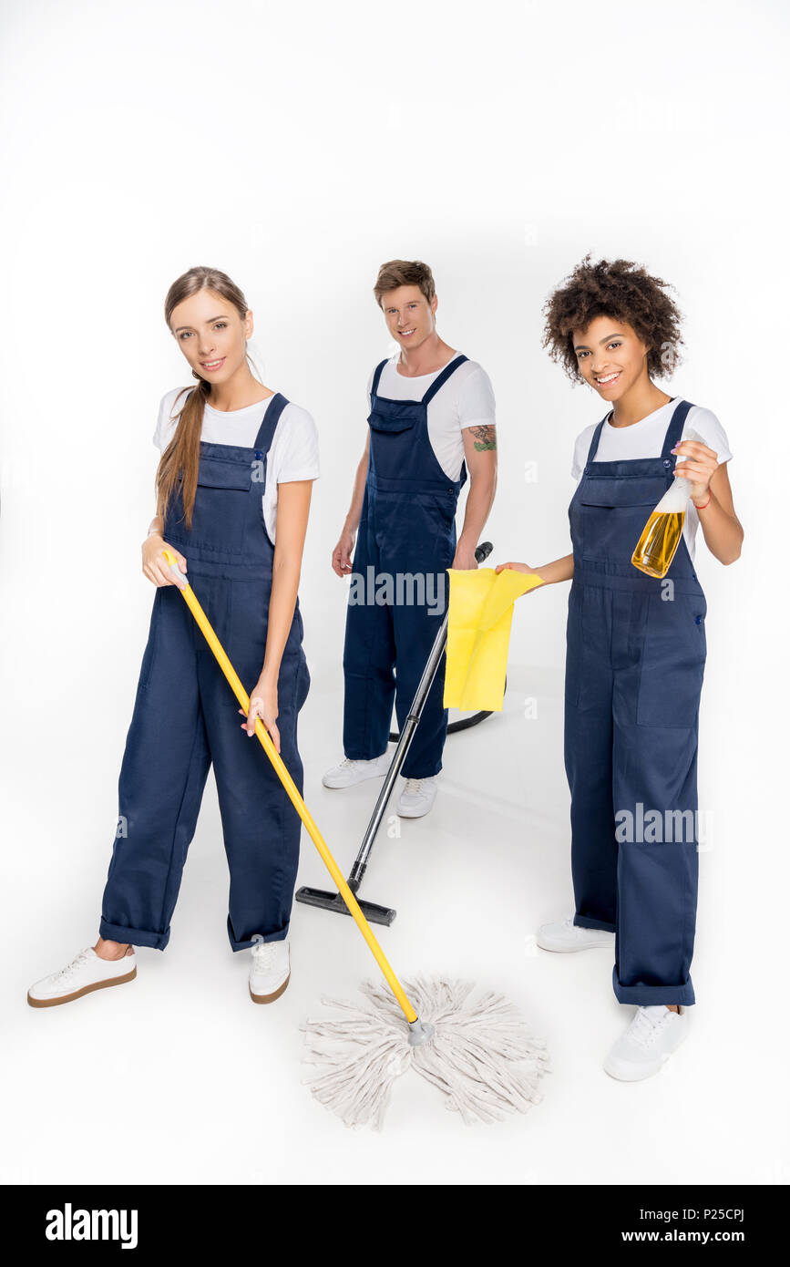 group of multiethnic cleaners working together isolated on white Stock ...