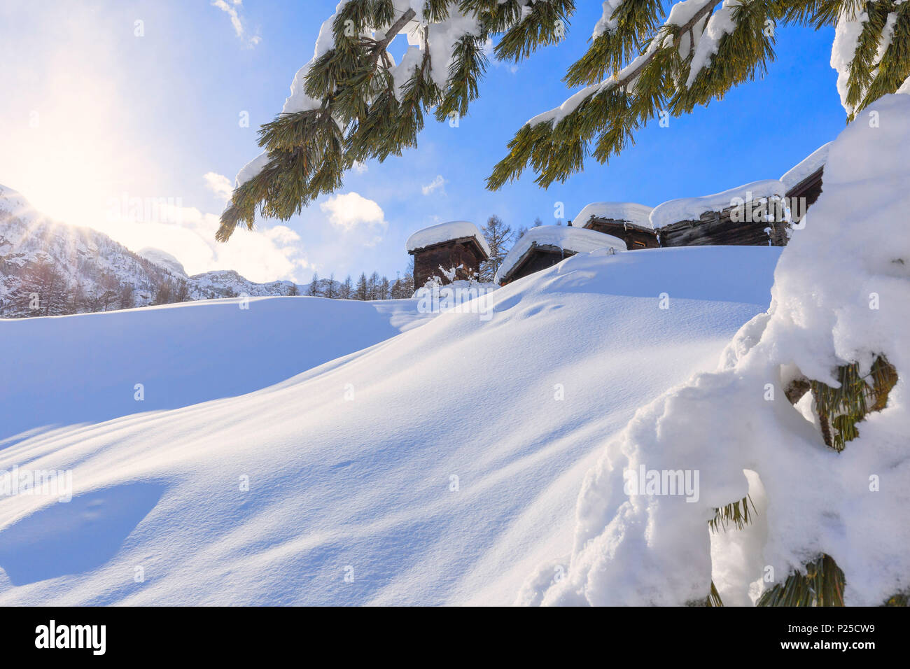 Traditional sunlit huts of Blatten. Zermatt, Canton of Valais / Wallis ...
