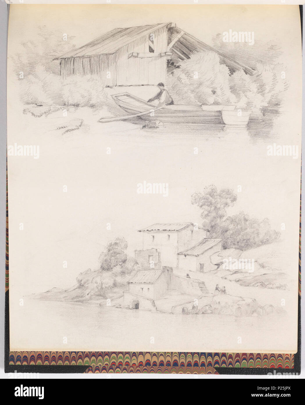 . English: Drawing, Sketches of a Shed and House on the Shore, ca. 1895 ...