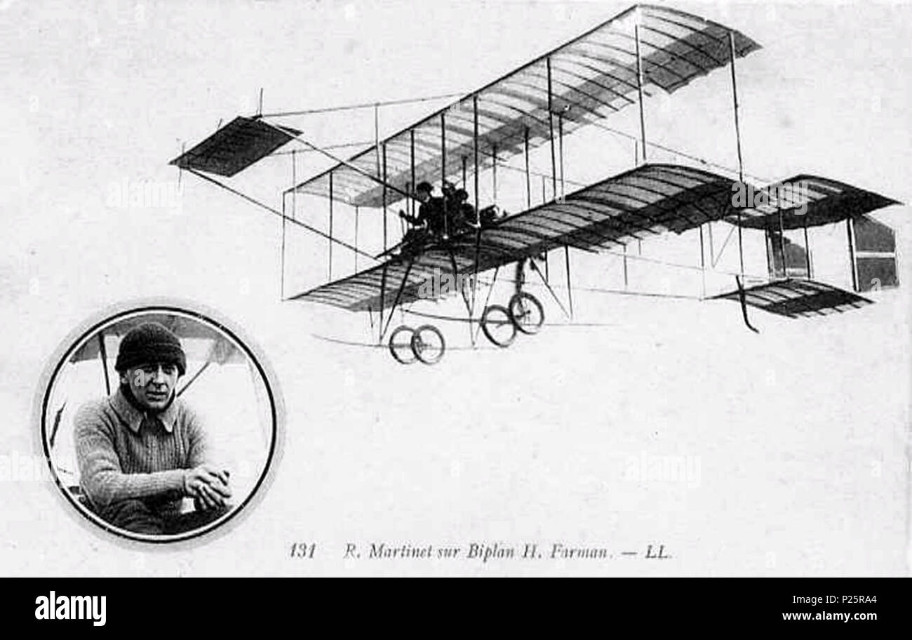 . English: Robert Martinet aboard his biplane Henri Farman around 1910 ...