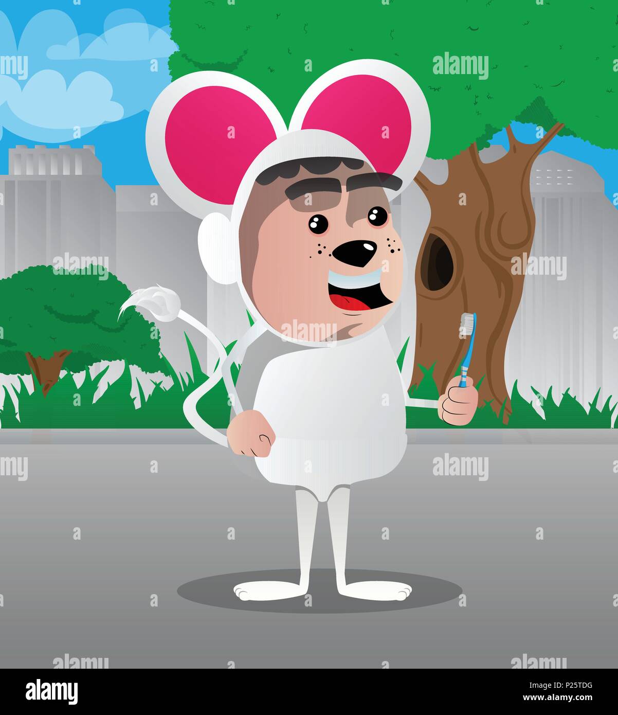 Boy dressed as mouse holding toothbrush. Vector cartoon character ...