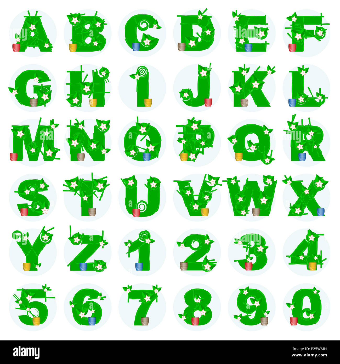 Green Growth Alphabet. Letters with Leaves and Sprouts. Flower Pots ...