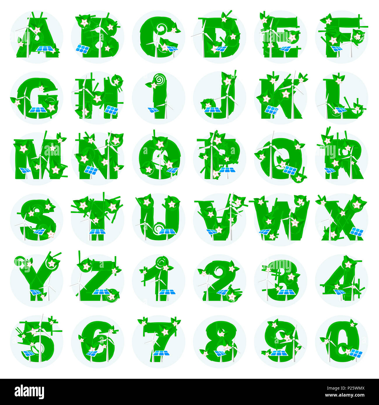 Green Growth Alphabet. Letters with Leaves and Sprouts. Solar Panels ...