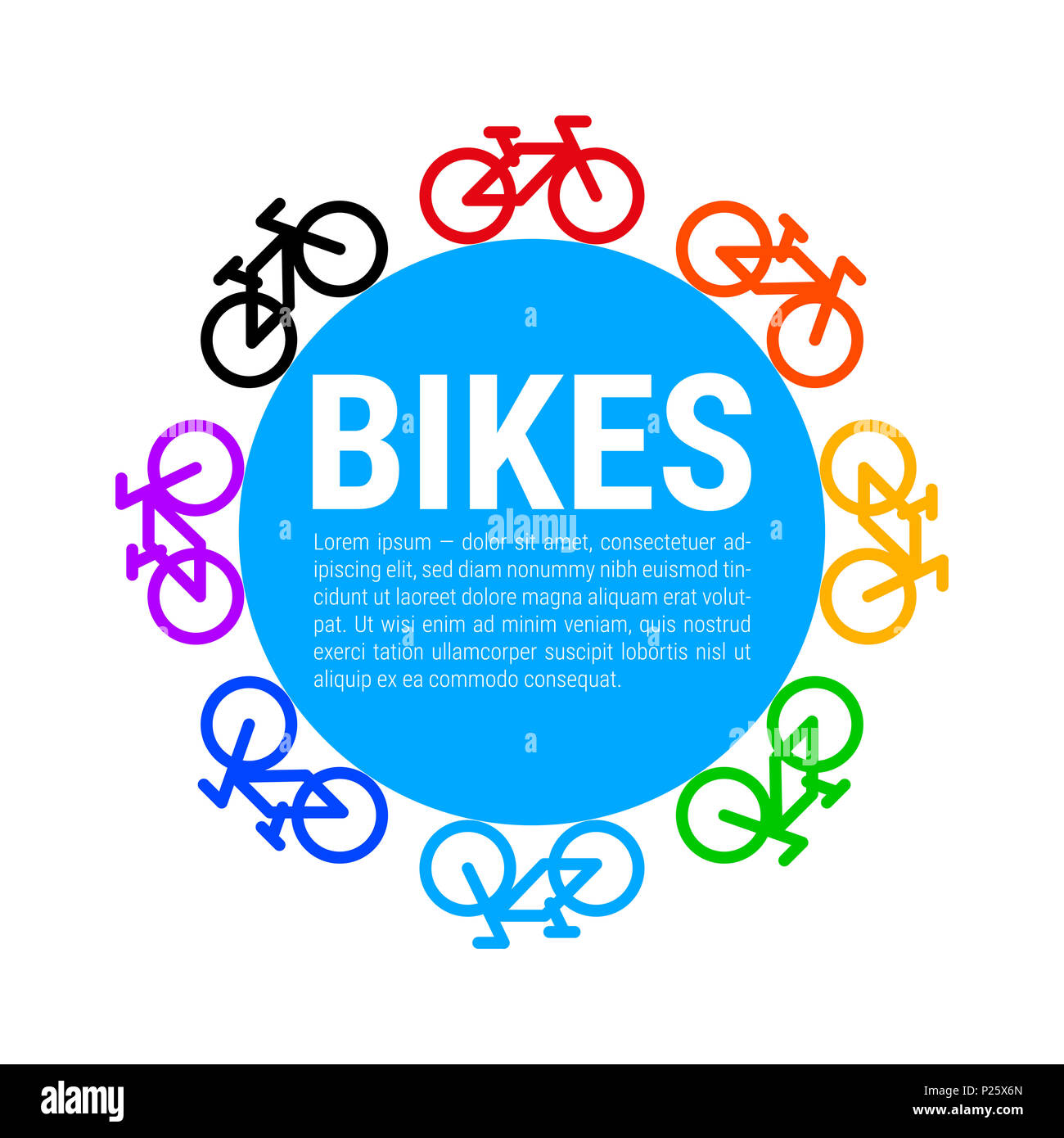 Multicolored Bicycle Icons and Blue Circle Background. Around the World ...