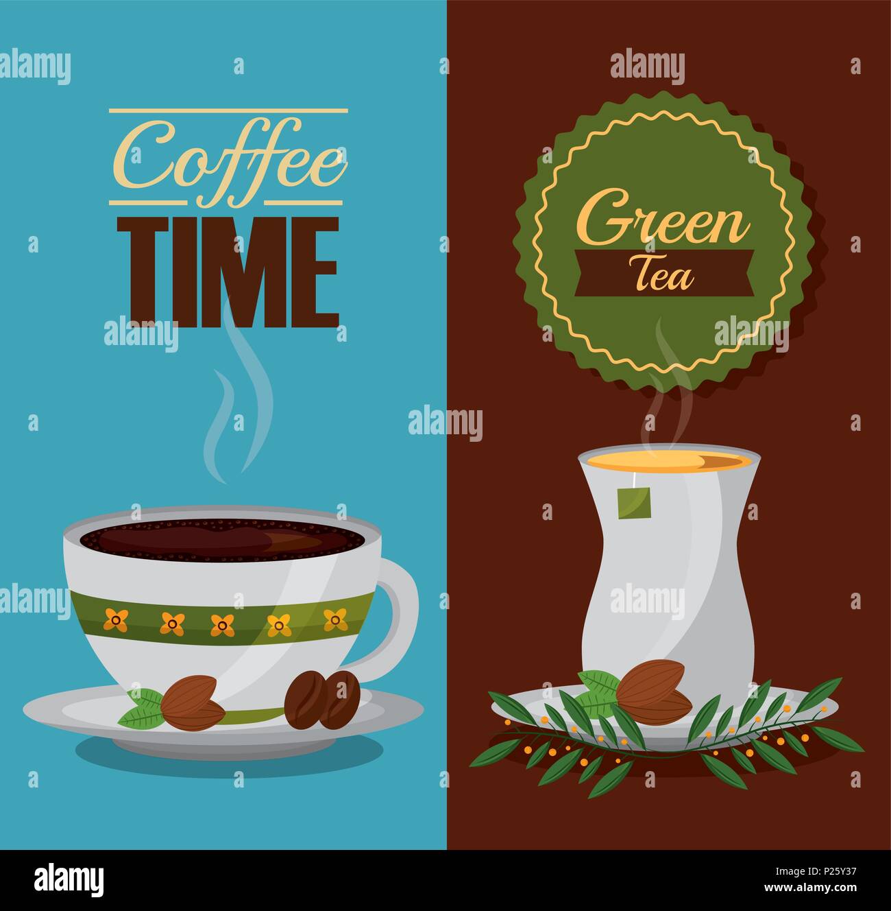 coffee and tea time cups and leaves design Stock Vector Image & Art - Alamy