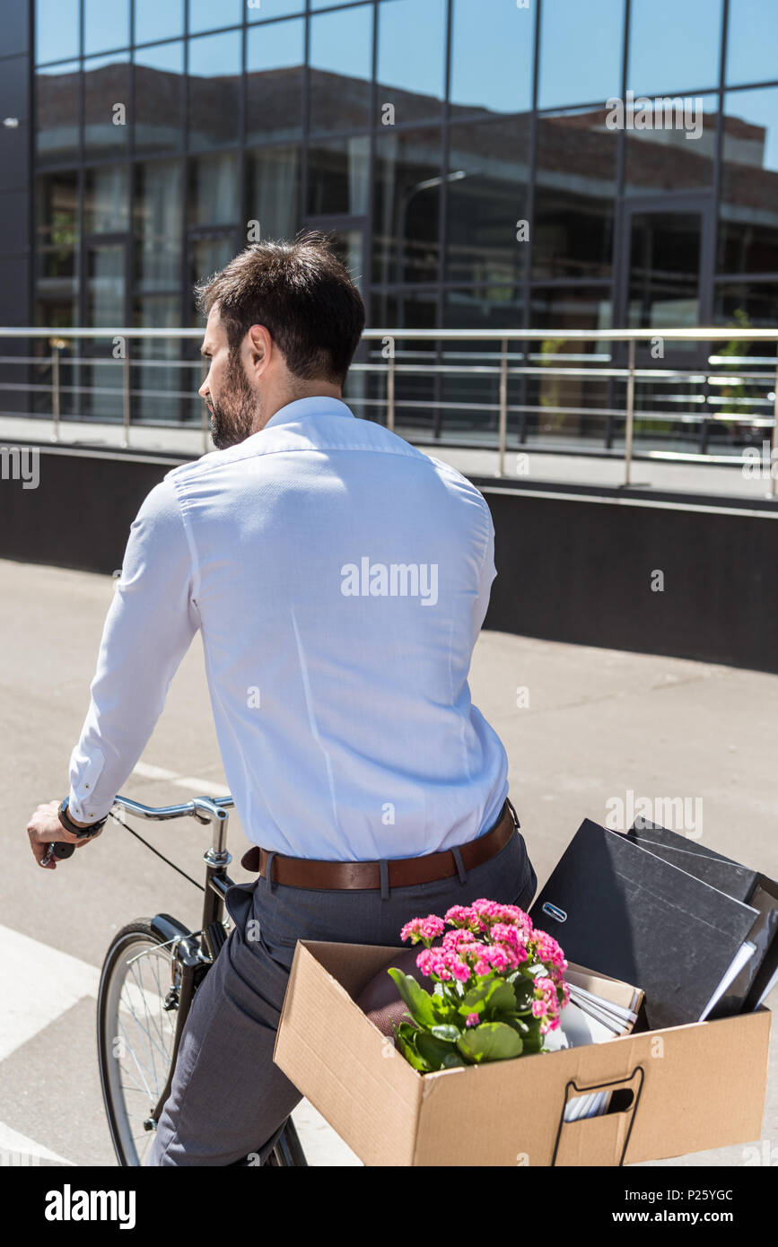 rear view of young manager riding on bicycle with box on trunk Stock ...