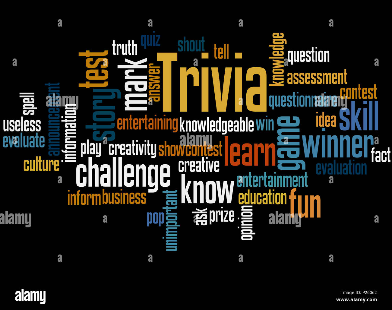 Trivia, word cloud concept on black background Stock Photo - Alamy