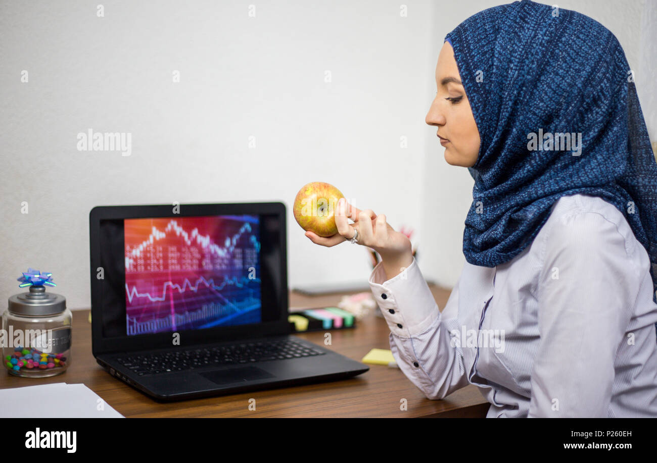 Imaginary covered young Muslim with hijab, in office, business and ...