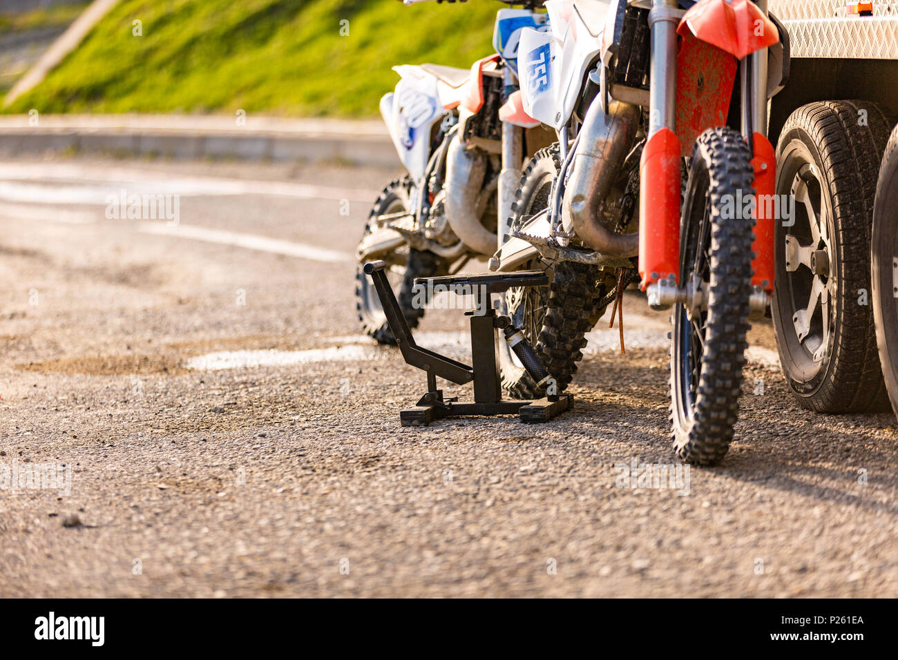 mountain off-road motorcycles in the parking Stock Photo - Alamy