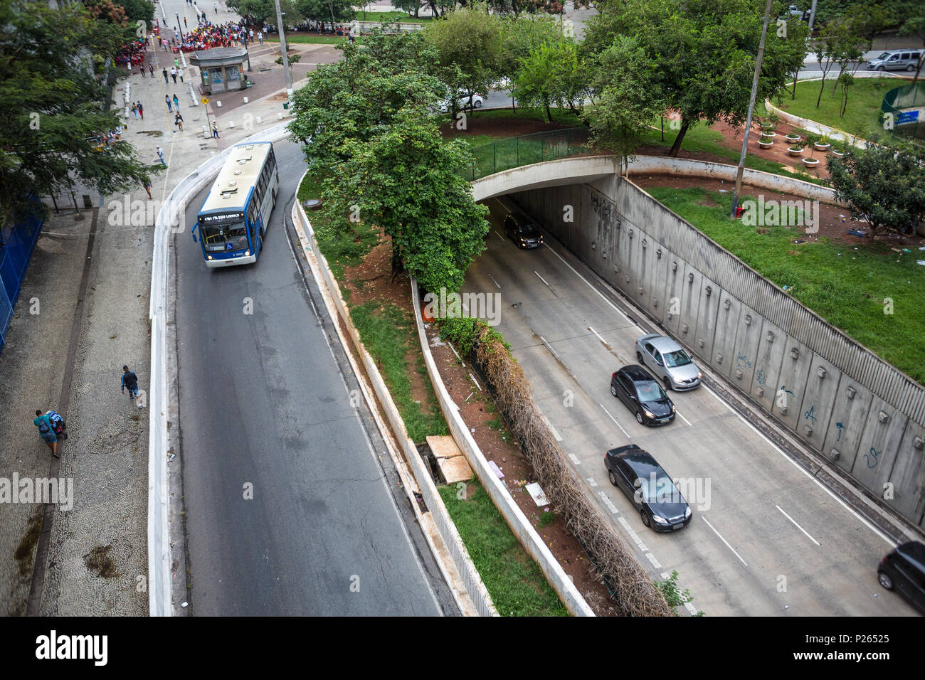 View of the "Anhangabau" valley and tunnel in the center of Sao Paulo ...