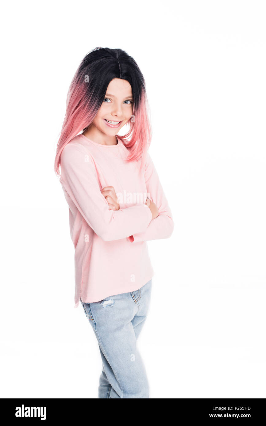 cute smiling child in pink wig, isolated on white Stock Photo - Alamy