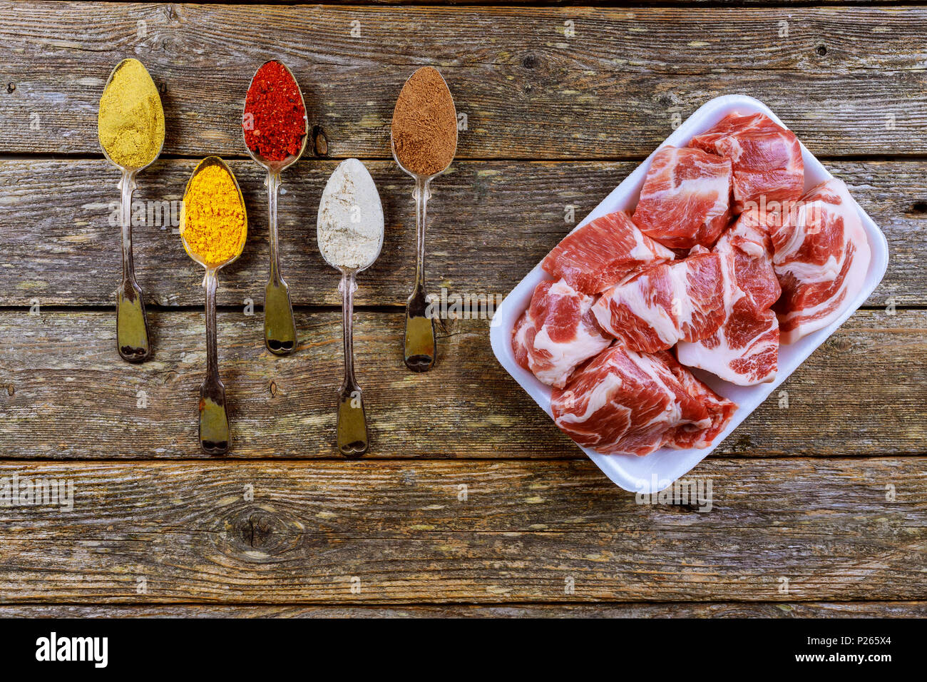 raw meat with mix aromatic spices on spoons and salt Stock Photo - Alamy