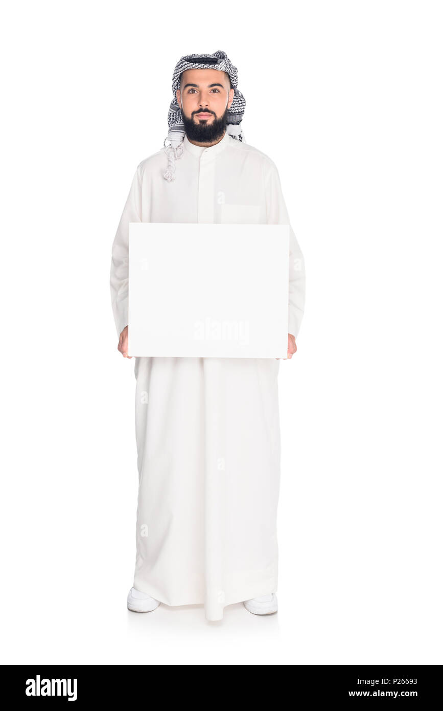 handsome muslim man holding blank board isolated on white Stock Photo ...