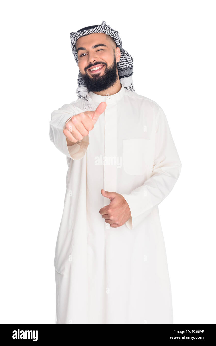 handsome muslim man showing thumb up isolated on white Stock Photo - Alamy