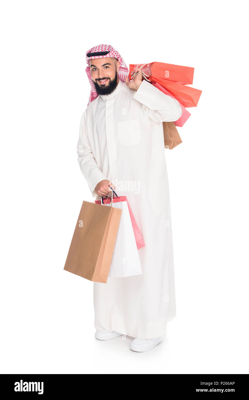 happy muslim man with shopping bags isolated on white Stock Photo - Alamy