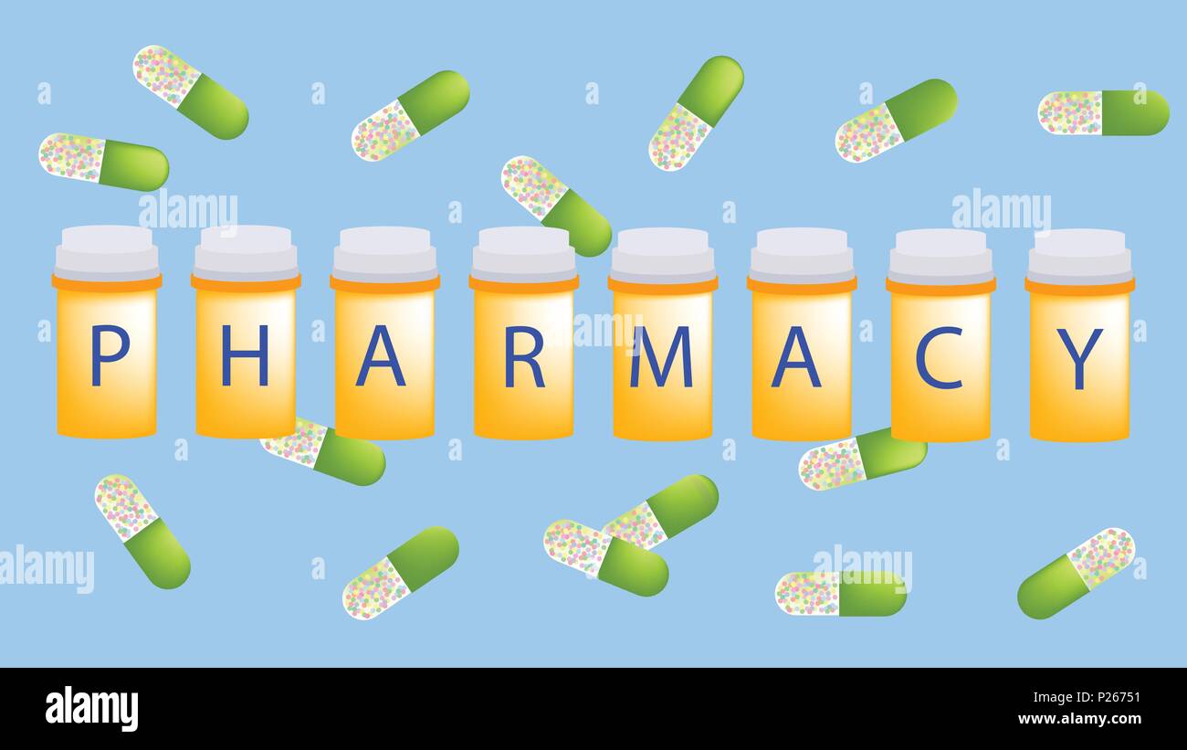 Pharmacy letter on refill medicine bottle with green capsules on cyan ...