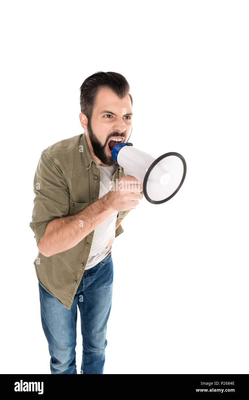 angry man yelling into loudspeaker, isolated on white Stock Photo - Alamy