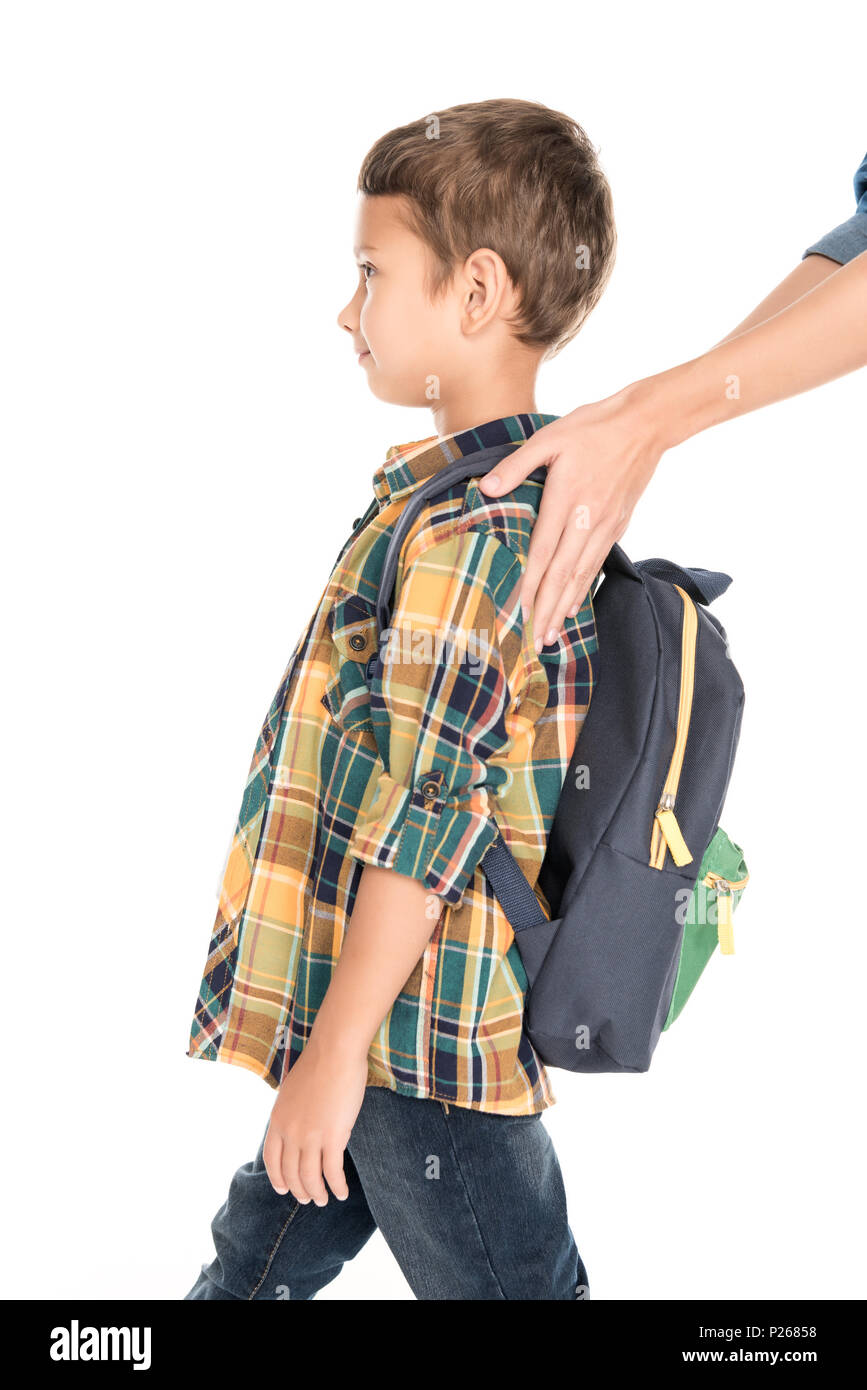 boy with backpack going to school, isolated on white Stock Photo - Alamy